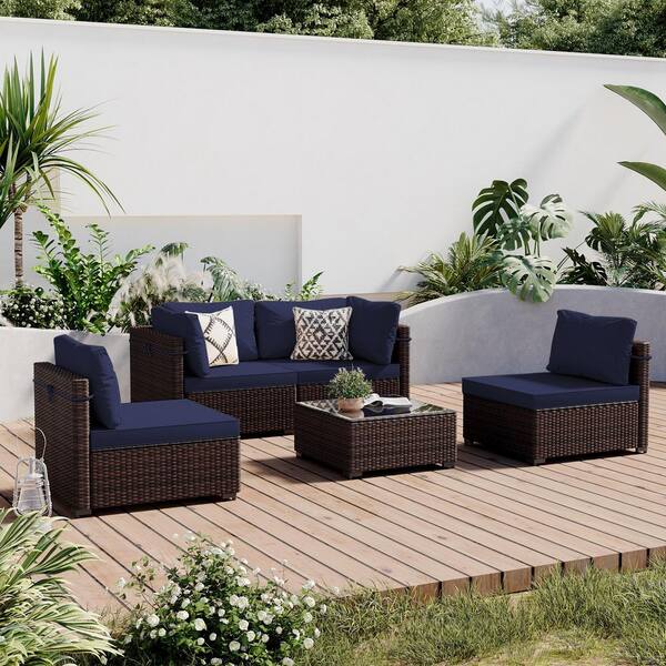 PATIO WATCHER 5-Piece Wicker Patio Conversation Set with Navyblue ...