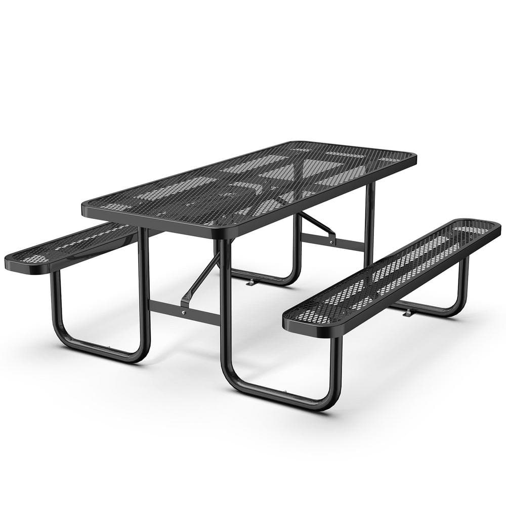Aionor 72 in. Black Steel Rectangular Picnic Tables Seats 8 People ...