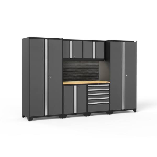 NewAge Products Pro Series Gray 7 Piece Cabinet Set Heavy Duty 18 Gauge Steel Garage Storage System Slatwall LED Lights Included