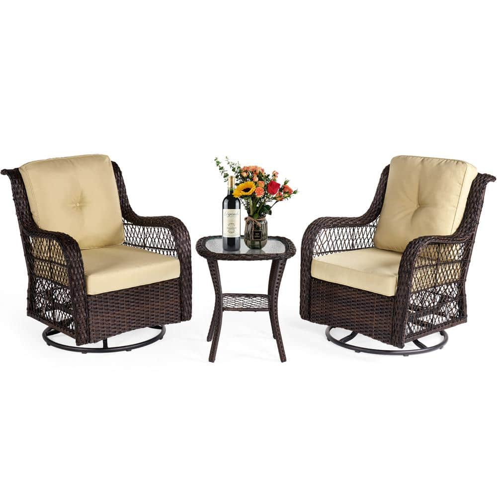 Sizzim 3-Piece Wicker Outdoor Bistro Rocking Swivel Chair Set Furniture ...