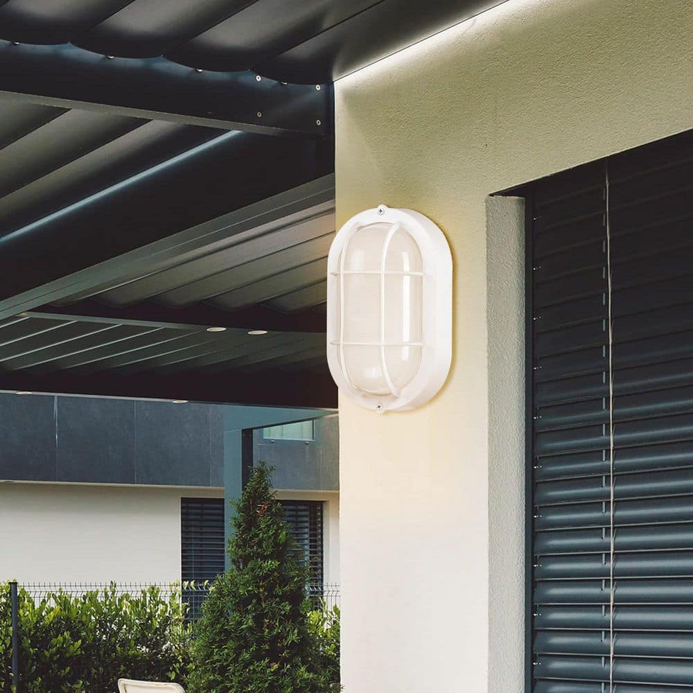Hukoro 8.5 in. White Bulkhead Outdoor Hardwired Ellipse Frosted Glass ...
