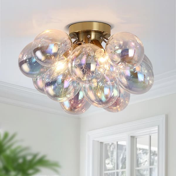 TinHon 17.7 in. 3-Light Gold Flush Mount Ceiling Light with Colorful ...