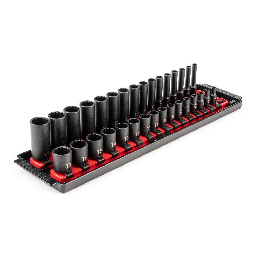 TEKTON 1/4 in. Drive 12-Point Impact Socket Set with Rails and Tray, 32 ...