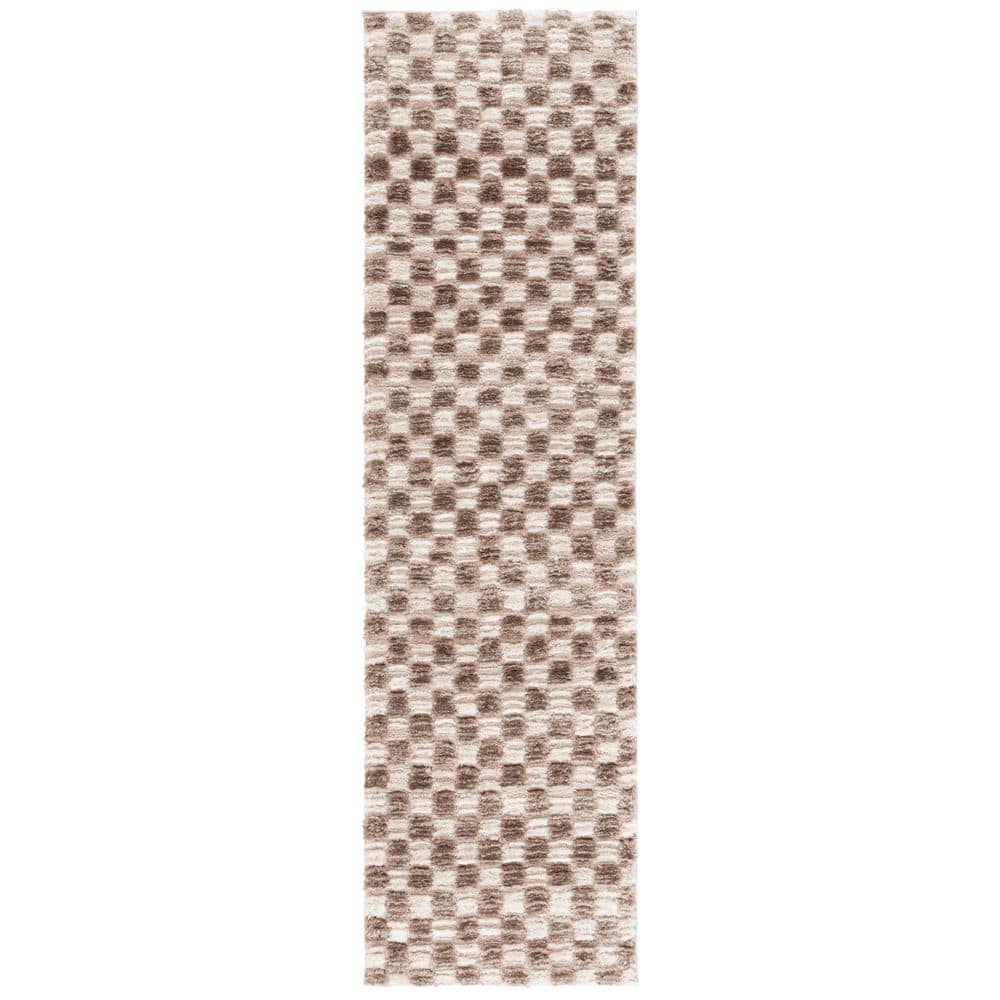 SAFAVIEH Seattle Shag 2 ft. x 8 ft. Ivory/Brown Checkered Runner Rug ...