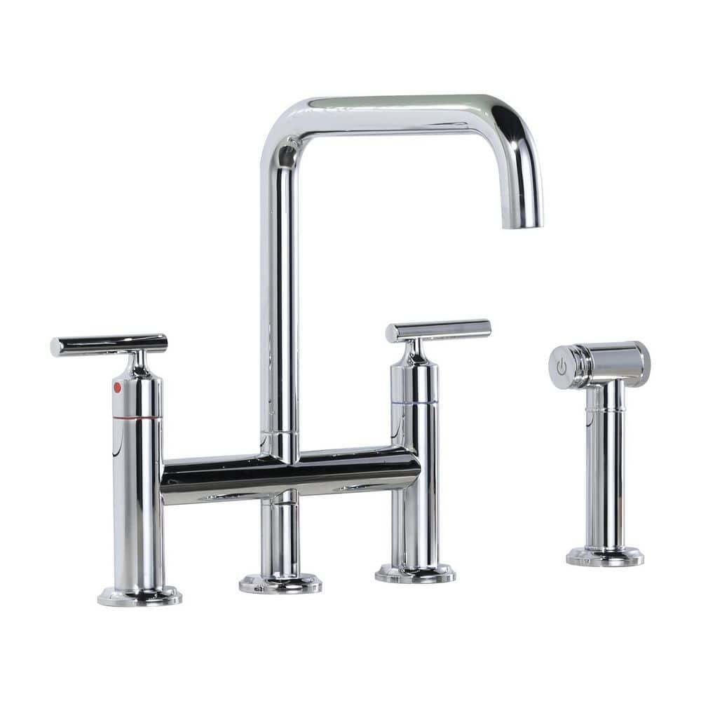 WOWOW Brass Double Handle Bridge Kitchen Faucet, Deck Mount Kitchen ...
