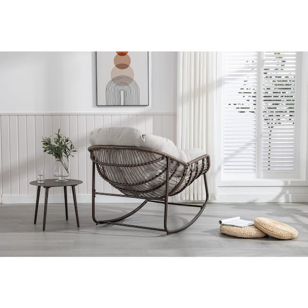 Metal Rattan Outdoor Rocking Chair Padded Cushion Rocker Recliner Chair with Beige Cushion for Porch Patio Garden LT 253 The Home Depot