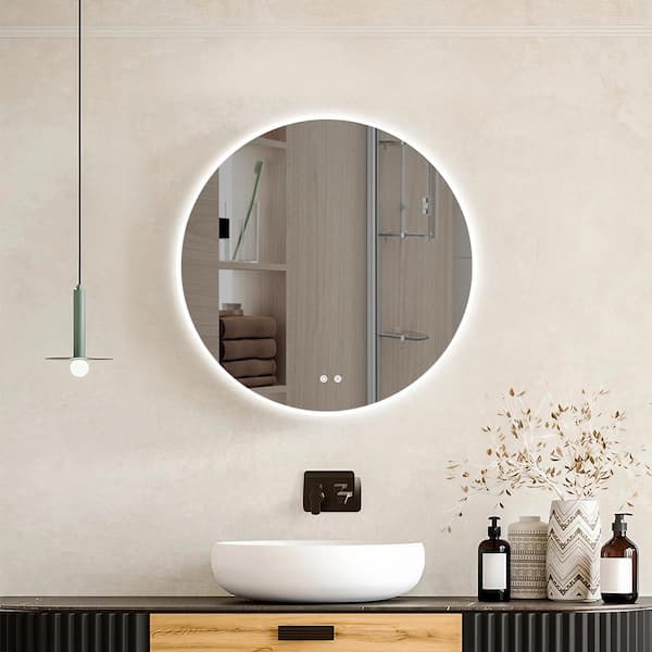 WarmieHomy 31.5 in. W x 31.5 in. H Round Frameless LED Wall Mirror ...