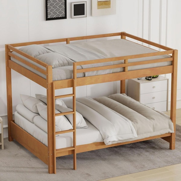Harper & Bright Designs Wood Color Queen Size Wood Bunk Bed with Ladder ...