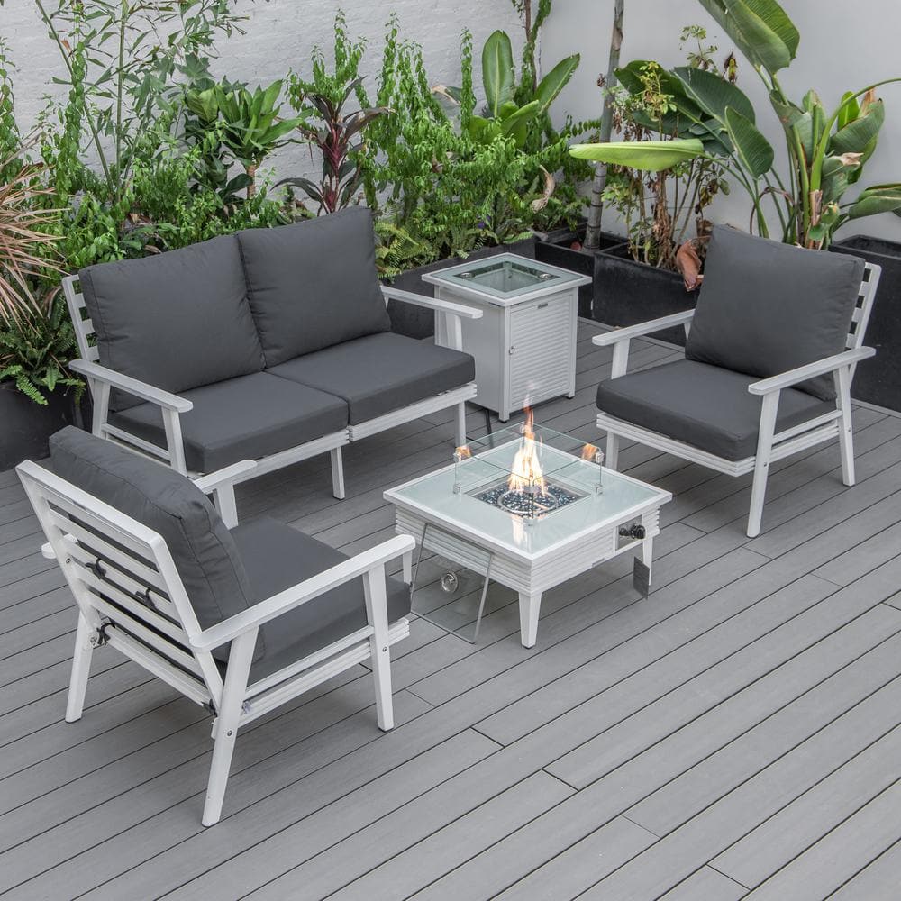 Leisuremod Walbrooke White 5-Piece Aluminum Square Patio Fire Pit Set ...