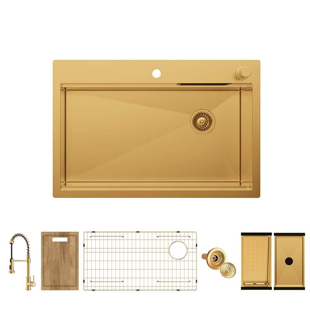 Reviews for Glacier Bay 33 in. Drop-In Single Bowl 18-Gauge Gold Stainless Steel Workstation ...