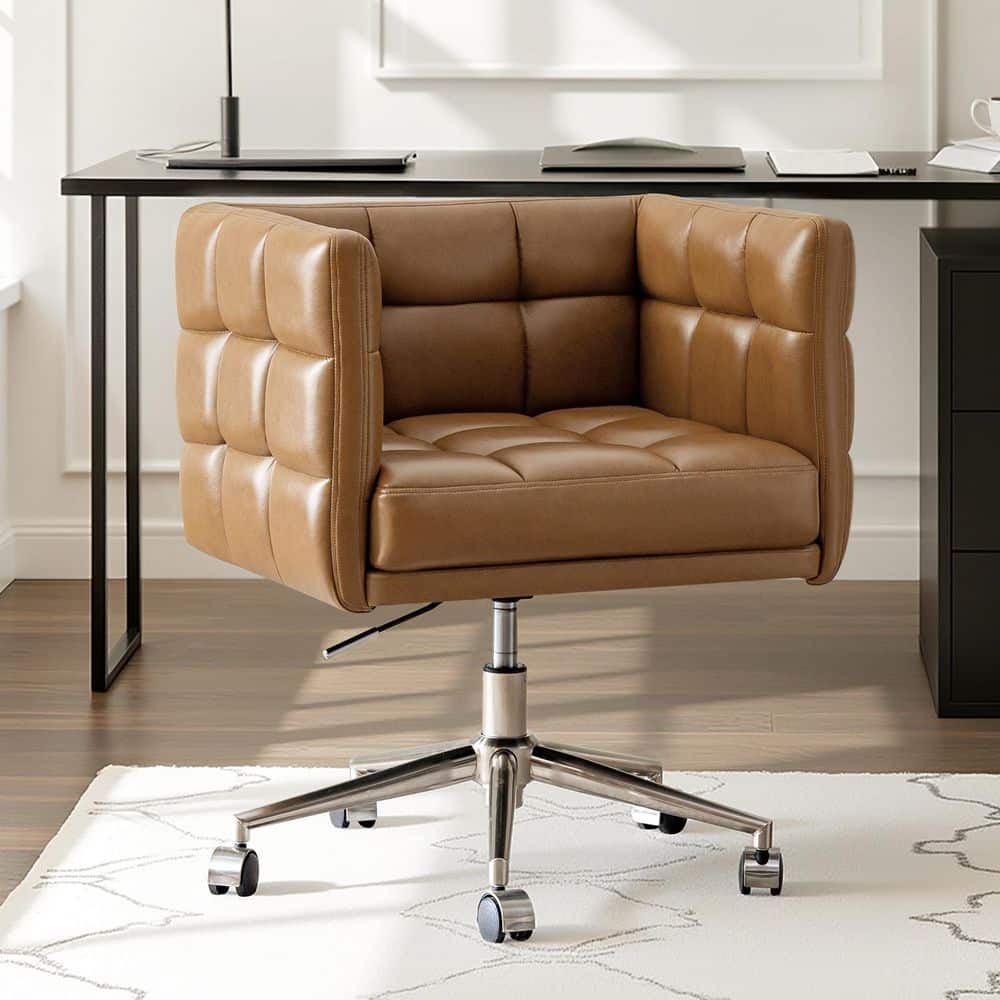 JAYDEN CREATION Prudence Leather Modern Swivel Office Chair in Camel ...