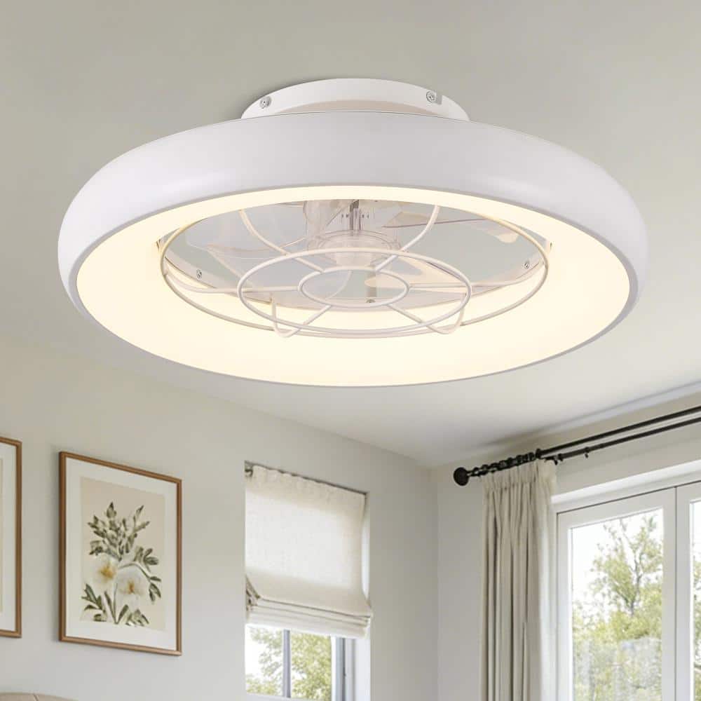 PlusDay 20 in. Modern White Enclosed Flush Mount LED Ceiling Fans Low ...