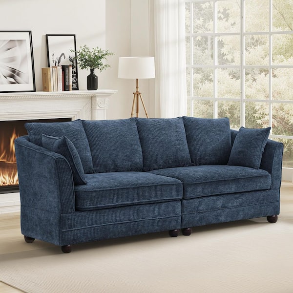 OrangeOne 81.8 in. ETHANH Deep Blue Fabric Flared Arm Solid Wood ...