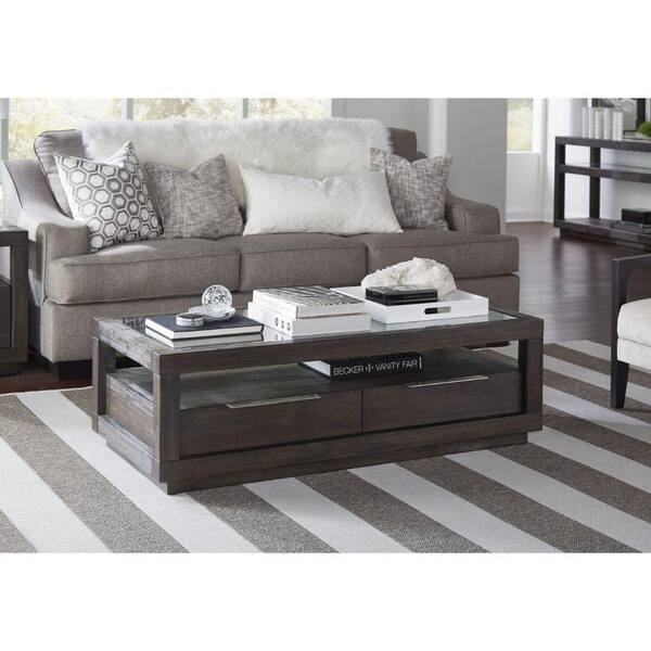 Benjara 26 in. Basalt Gray Rectangle Glass Top Coffee Table with 2 ...