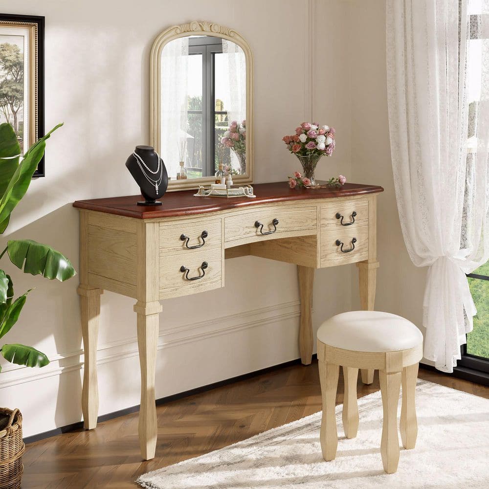 Harper & Bright Designs Brown and Antique White Makeup Vanity Set with ...