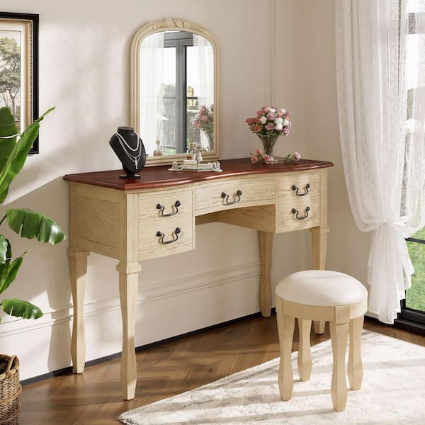 Harper & Bright Designs Brown and Antique White Makeup Vanity Set with ...