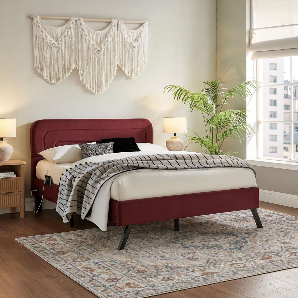 Lifestyle Solutions Andrews Burgundy Red Wood Frame Queen Size Platform ...