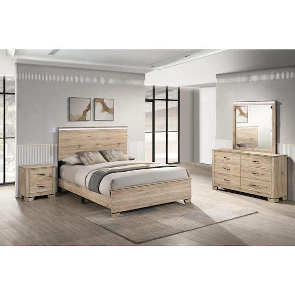 Best Quality Furniture Steph 4-Piece Light Oak Wood Frame Queen Panel ...
