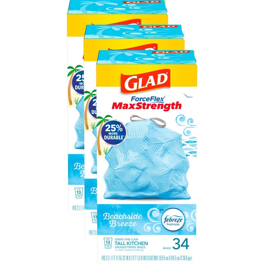 Glad 13 Gal. ForceFlex MaxStrength Tall Kitchen Drawstring Beachside ...