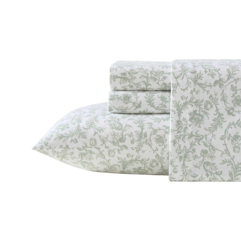 Laura Ashley Brinna 4-Piece Green/Cream Flannel Cotton Full Sheet Set ...