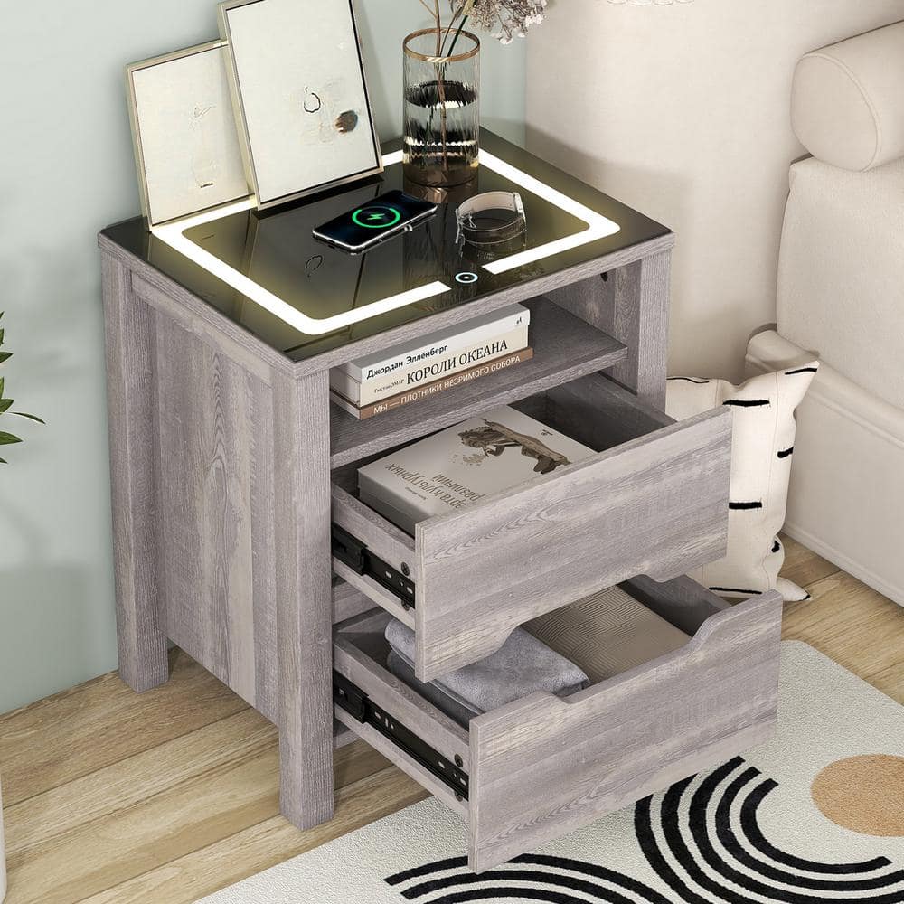 URTR Brown 2 Drawer 15.7 in.W Smart Storage Nightstand with Wireless ...