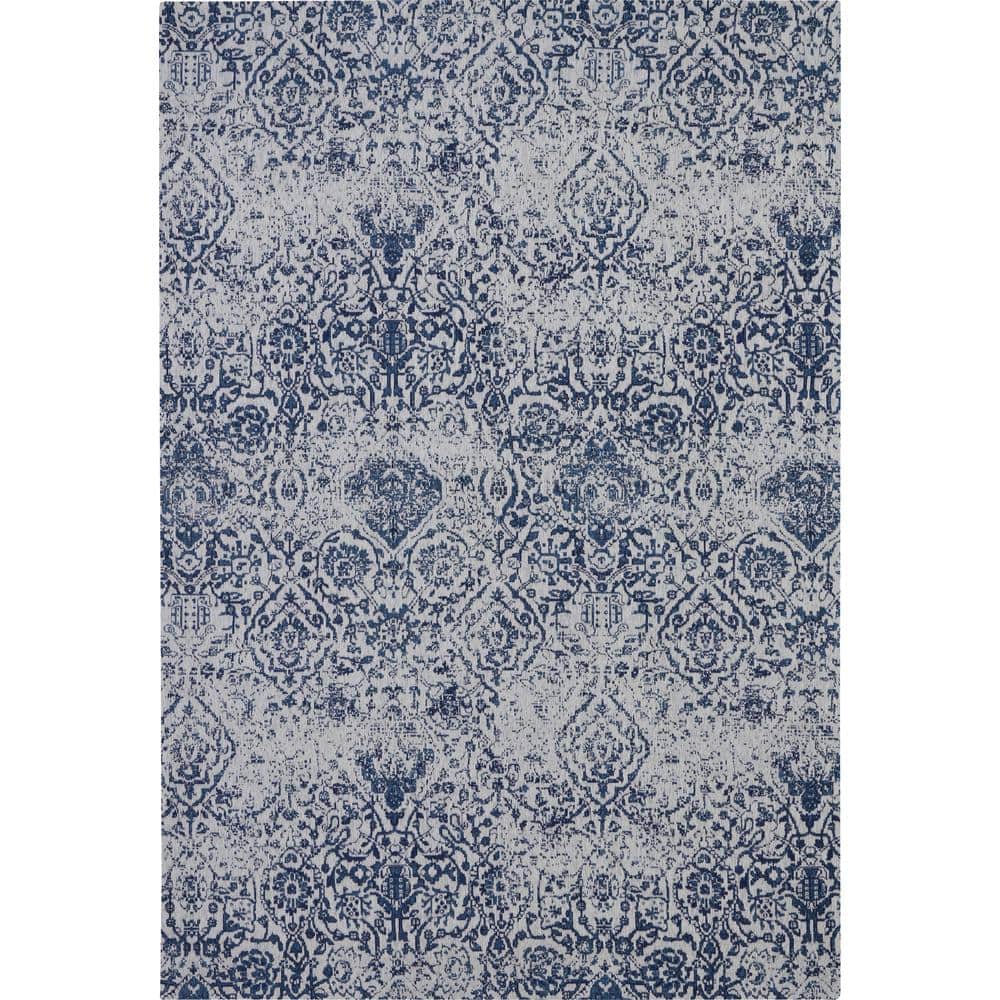 Nourison Damask Ivory/Navy 6 ft. x 9 ft. Oriental Vintage Area Rug ...