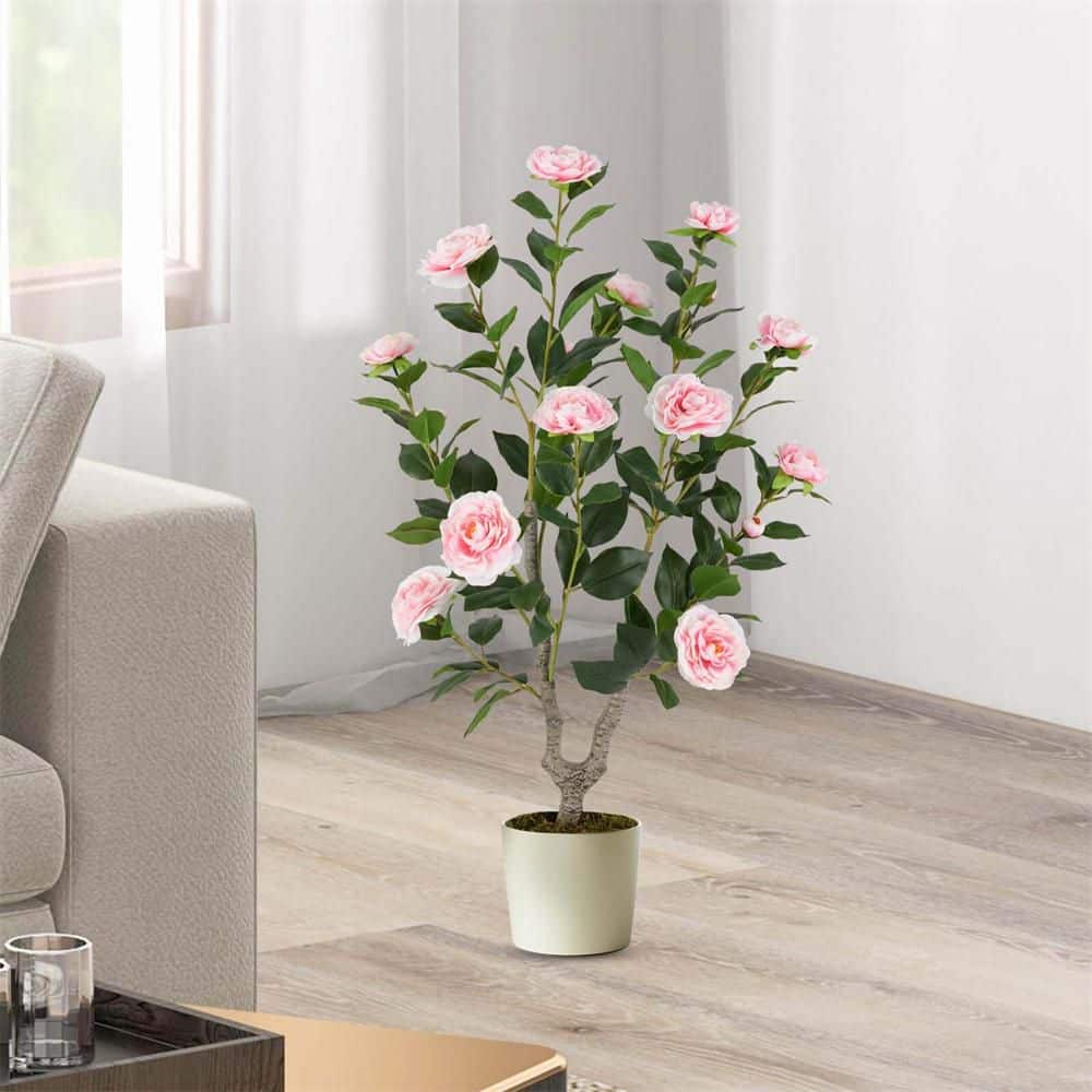 HONEY JOY 1 Pieces 36 in. Artificial Camellia Tree Topiary Fake Potted ...