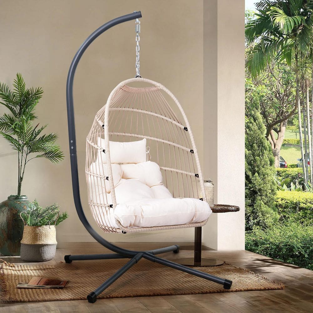 DENISLAWN 29 in. 1 Person Light Grey Wicker Patio Swing with Off White Cushions PS-LSWIK-WH ...
