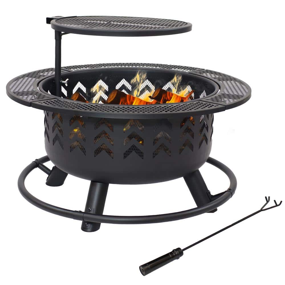 Sunnydaze 32 in. (81.3 cm) Arrow Motif Black Steel Fire Pit with Grill and Cover FSN-724 - The ...