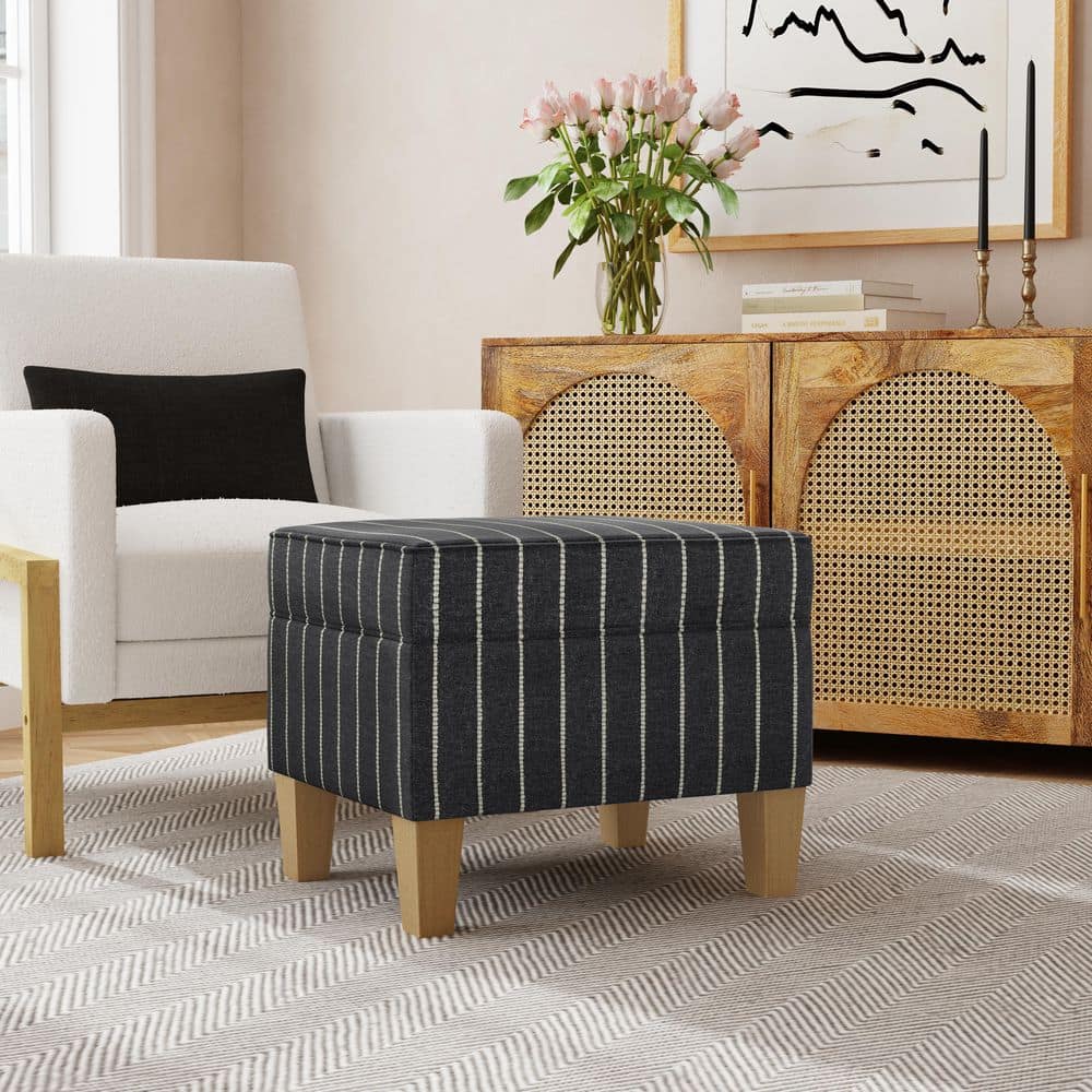 Homepop Black with Boucle Stripe Fabric Rectangle Ottoman with Storage ...