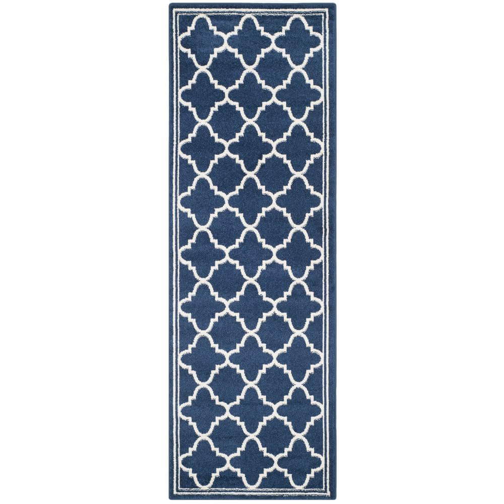 SAFAVIEH Amherst Navy/Beige 2 ft. x 15 ft. Border Multi-Trellis Runner ...