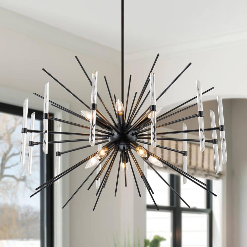 TinHon 10-Light Modern Black Sputnik Chandelier with Clear Glass Rods ...
