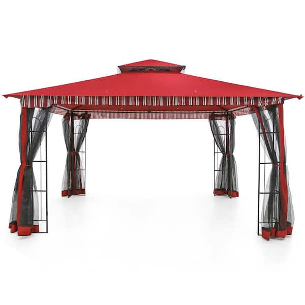12 ft. x 10 ft. Red Pop-Up Canopy Patio Gazebo with Netting Double Tier ...