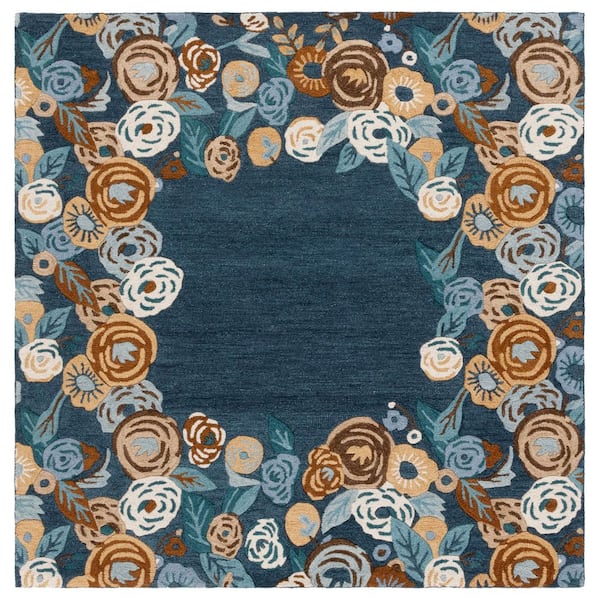 SAFAVIEH Chelsea 6 ft. x 6 ft. Blue/Ivory Floral Border Square Area Rug ...