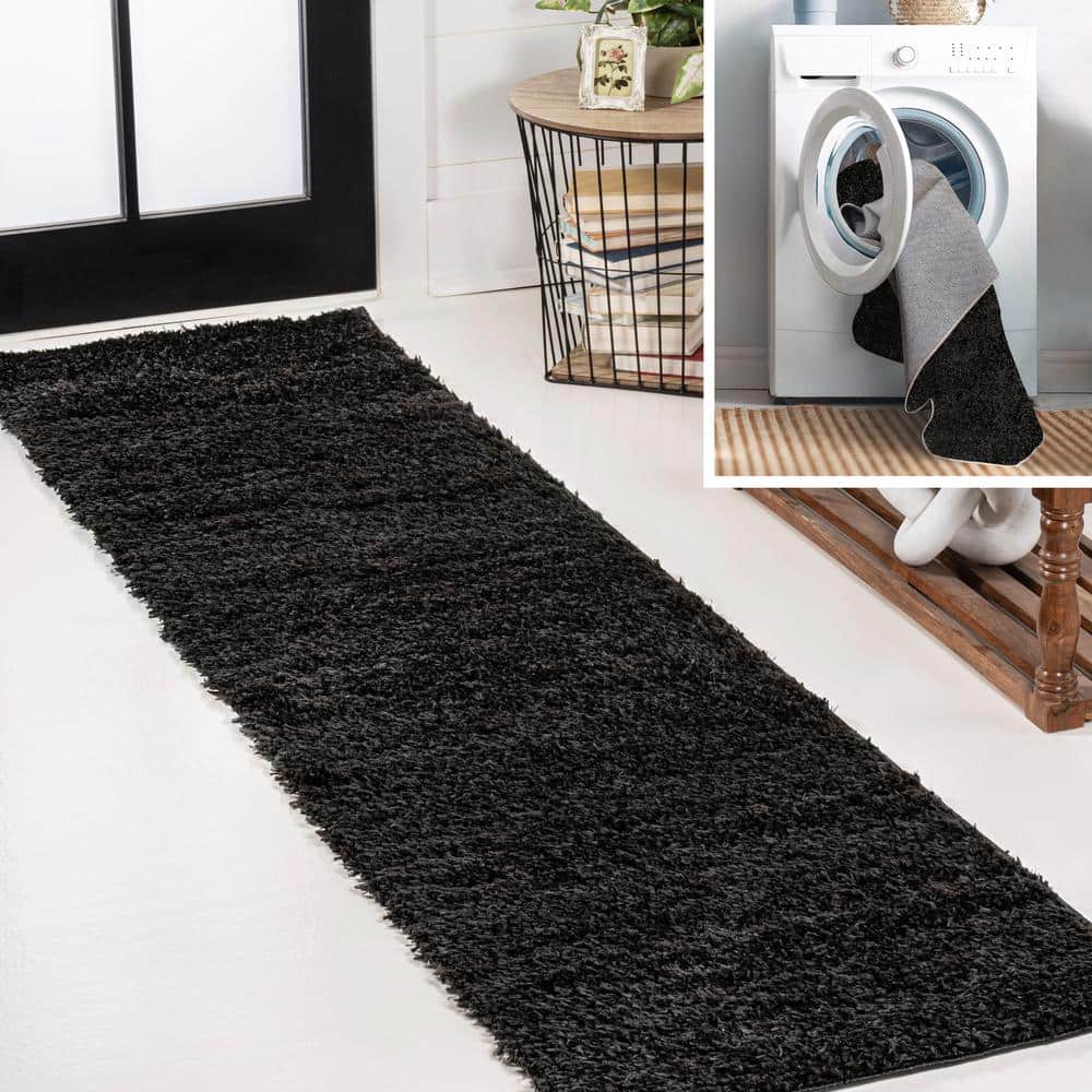 JONATHAN Y Black 2 ft. x 8 ft. Clayton Coastal Solid Glam Shag Machine ...