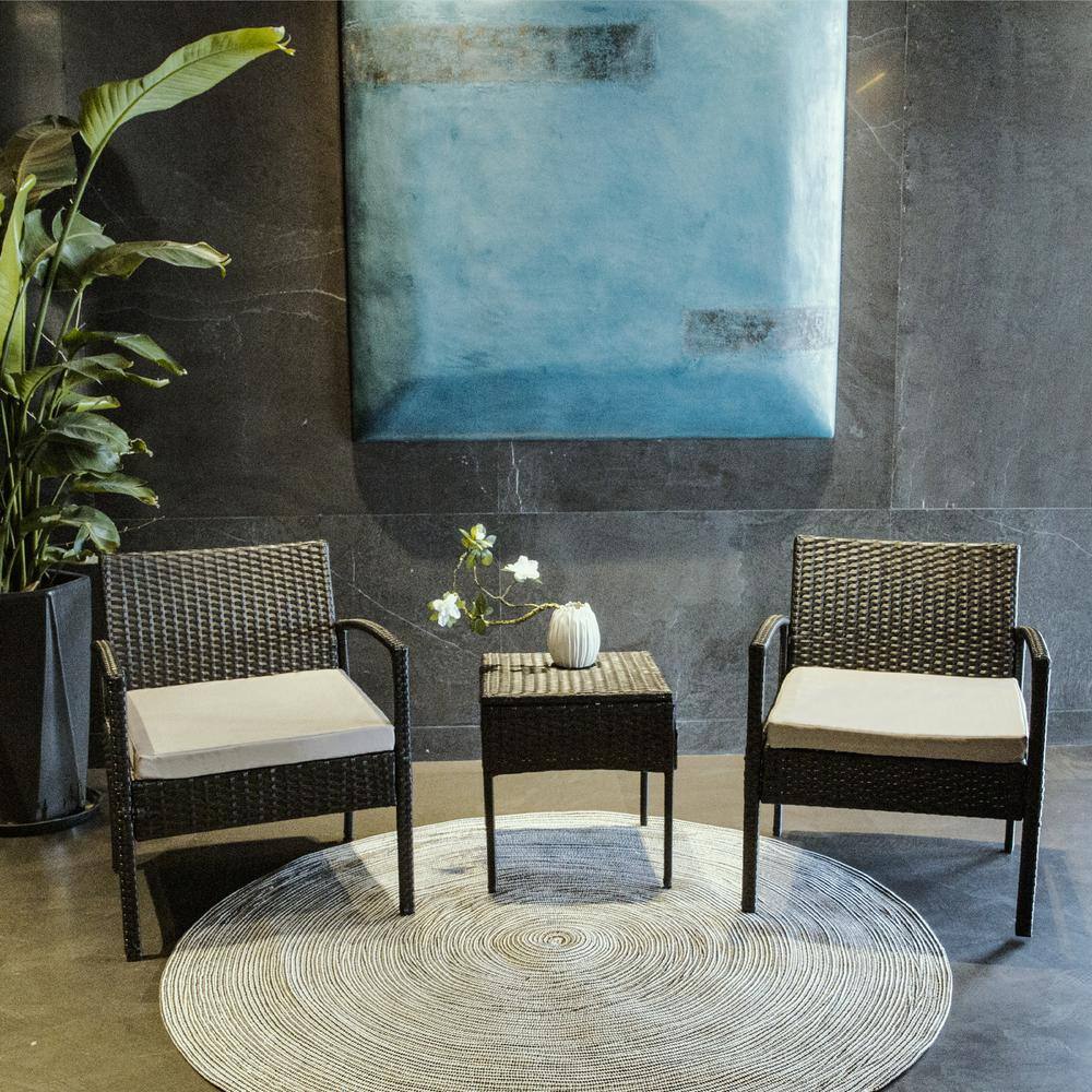 JUSKYS Cute 3-Piece Black Wicker Patio Conversation Set With Gray ...