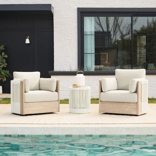 Spruce & Spring Lazlo Cream Wood Swivel Outdoor Lounger Chair Set with ...