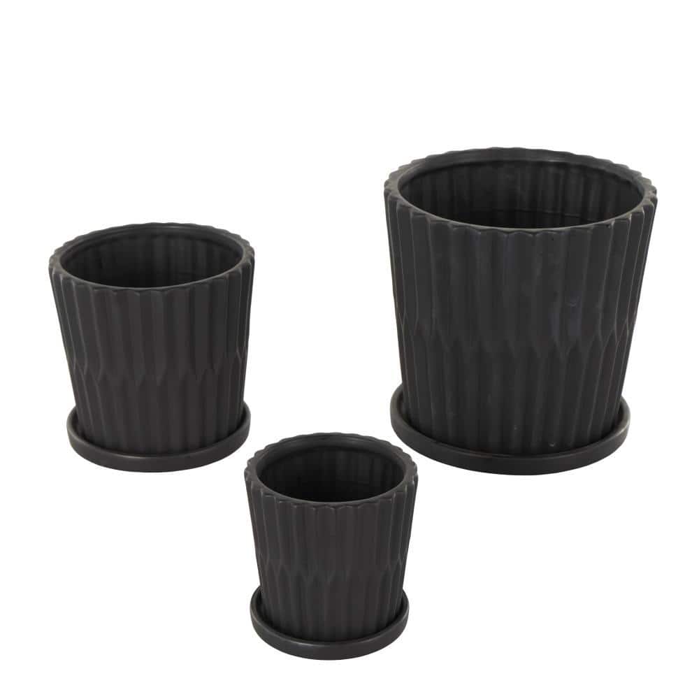 Litton Lane 8 in. 6 in. and 5 in. Small Black Ceramic Ribbed Planter ...