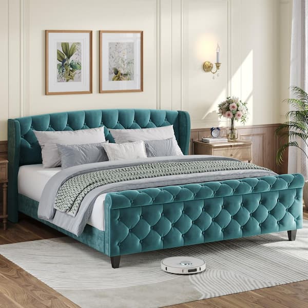 CHRISTOPHER KNIGHT HOME Valric Turquoise(Green) Velvet Upholstered Wood Frame King Platform Bed ...