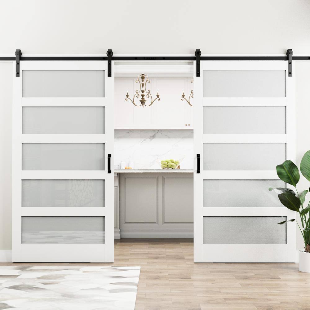 ARK DESIGN 84 in. x 84 in. 5-Lites with Frosted Glass White MDF Sliding ...