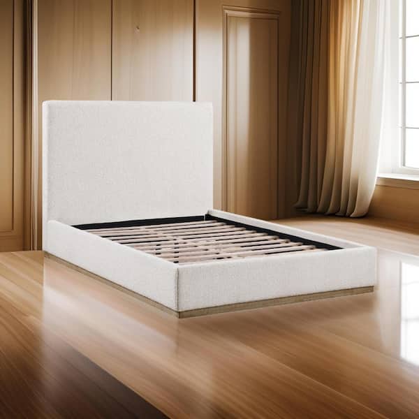 Benjara Ole Ivory White and Brown Wood Frame Queen Panel Bed with ...