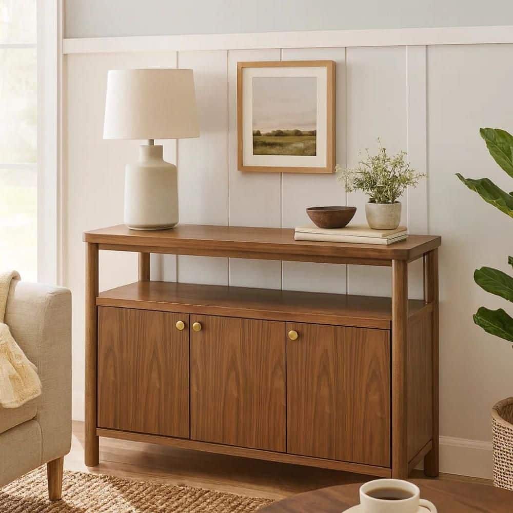 Benjara Billie Brown Wood Buffet Storage Sideboard Cabinet with 3-Doors ...