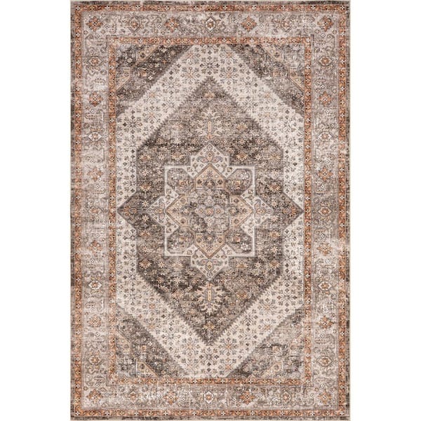 nuLOOM Sanna Distressed Medallion Machine Washable Brown 8 ft. x 10 ft ...