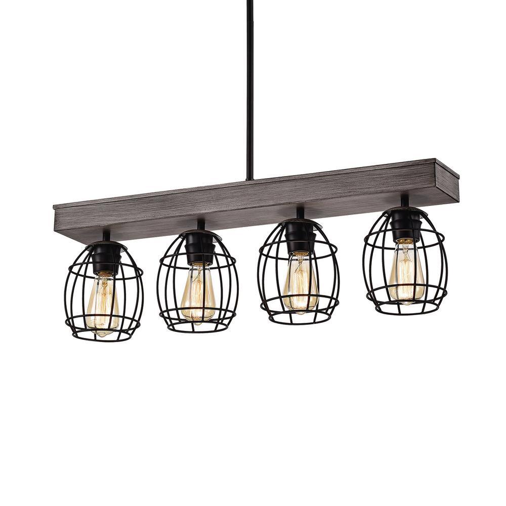 Edvivi Triscot 4-Light Modern Farmhouse Gray Wood Linear Pendant with ...