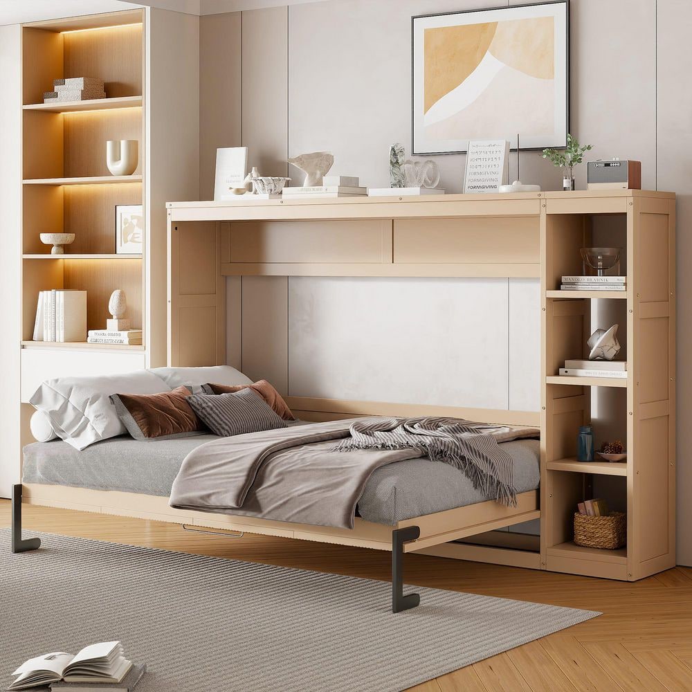 Noble House Halden Brown Wood Frame Full Size Murphy Bed with Bookshelf ...