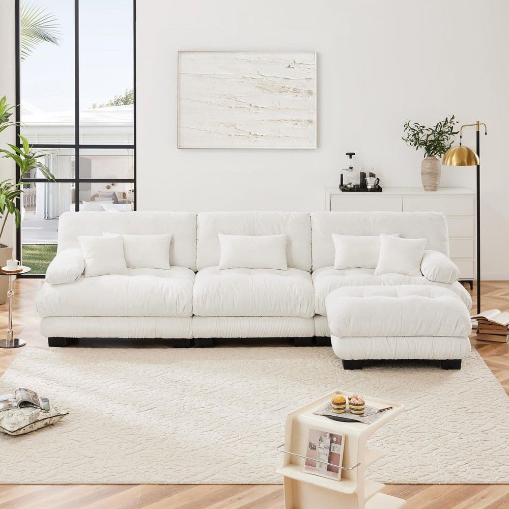 Noble House Ronald 133.8 in. Chenille Upholstered L Shaped Sectional Sofa in. White with Ottoman ...