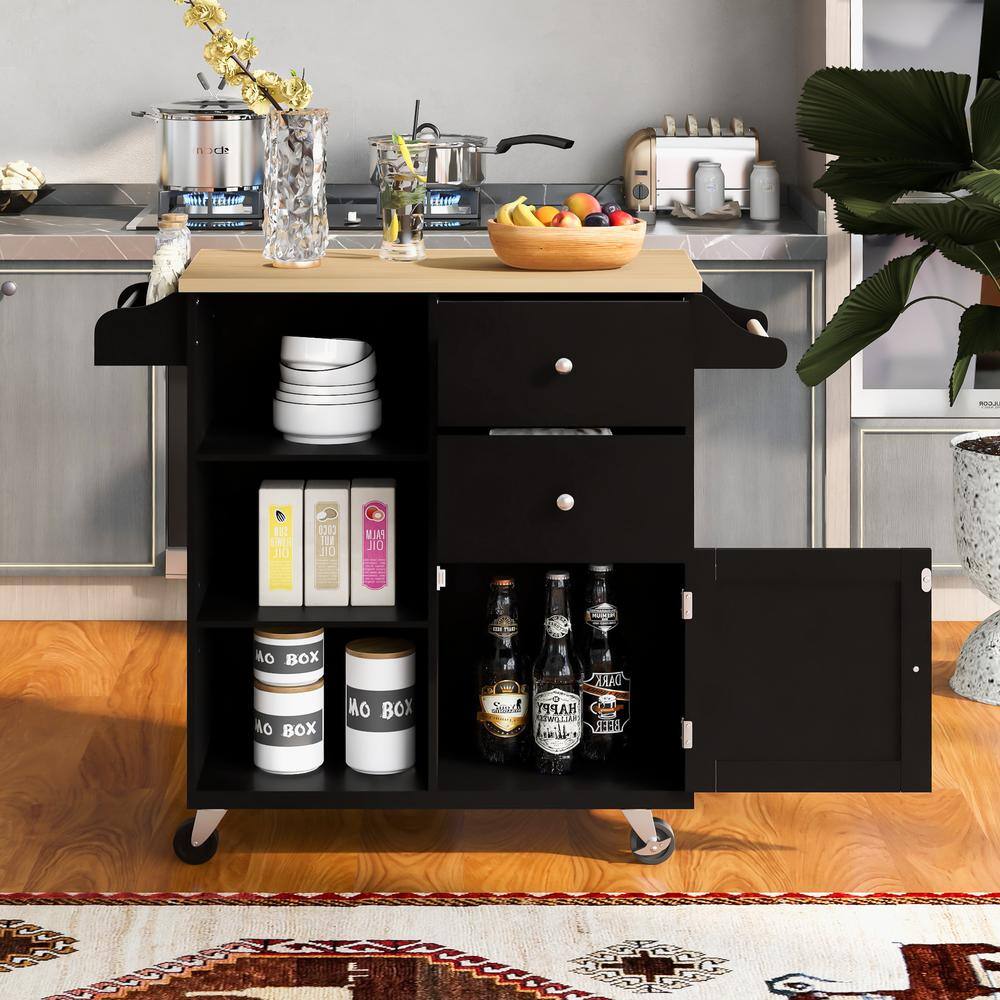 Black Rubber Wood Drop-Leaf Countertop 41.34 in. W Kitchen Island on 4 ...
