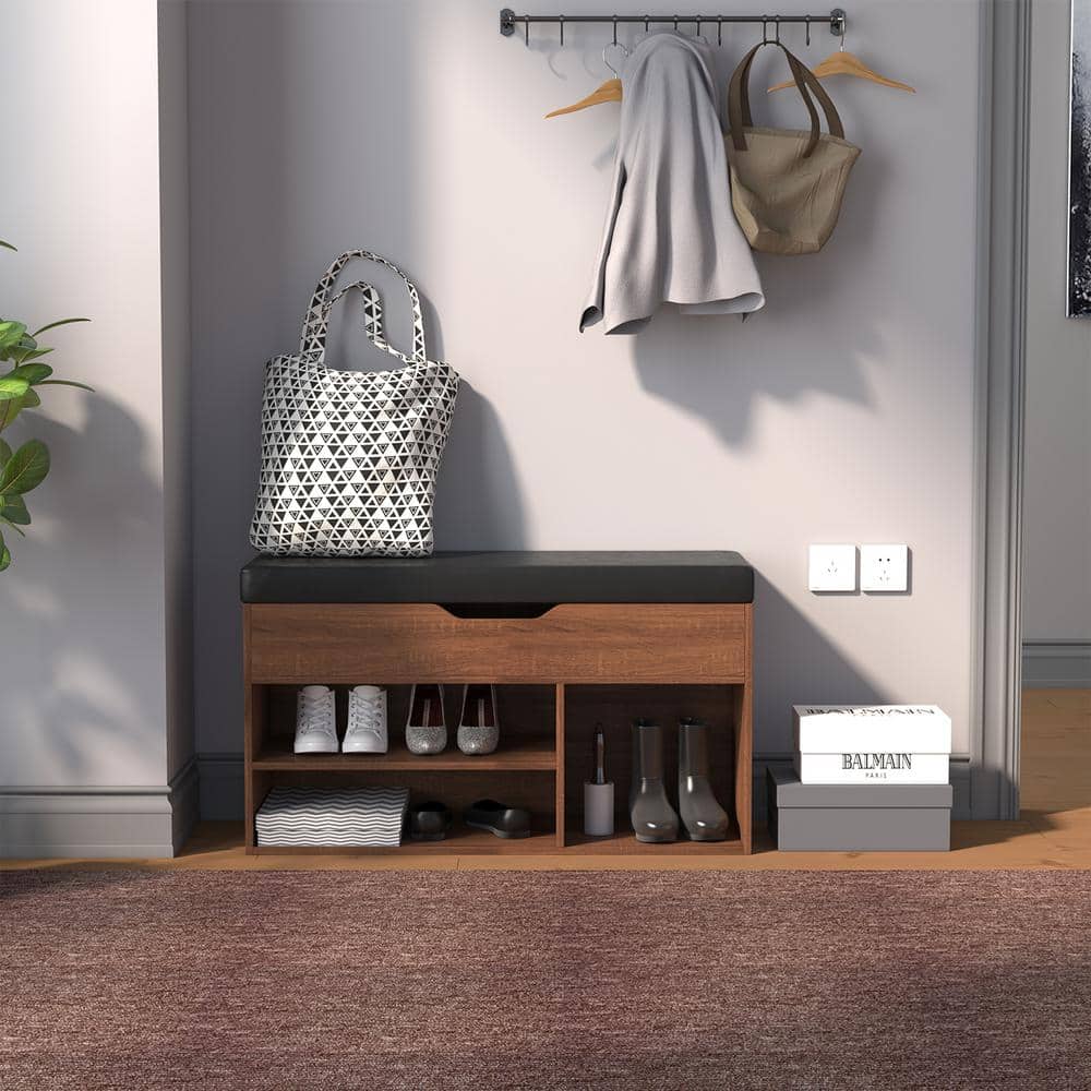 Homy Casa ERNEST Walnut Entryway Storage Bench with Flip-Top Cushion ...