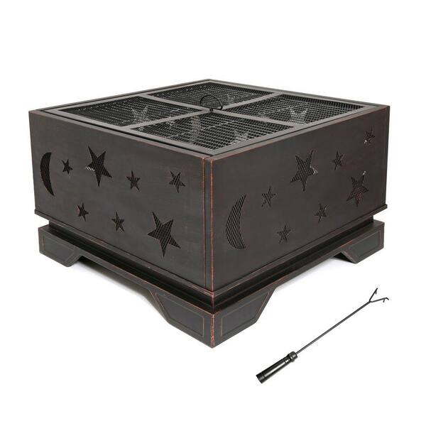 26 in. Steel Square Fire Pit with Poker and BBQ Grill in Antique Brass ...