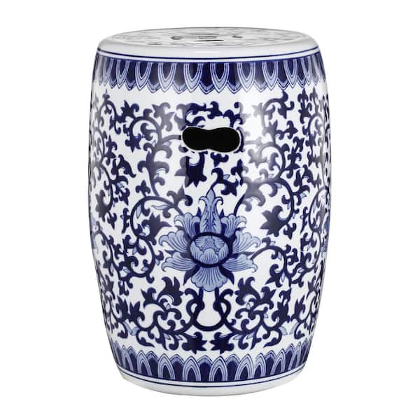 Runesay Blue Garden Flower Pattern Ceramic Drum Stool，Small Side Tabel ...